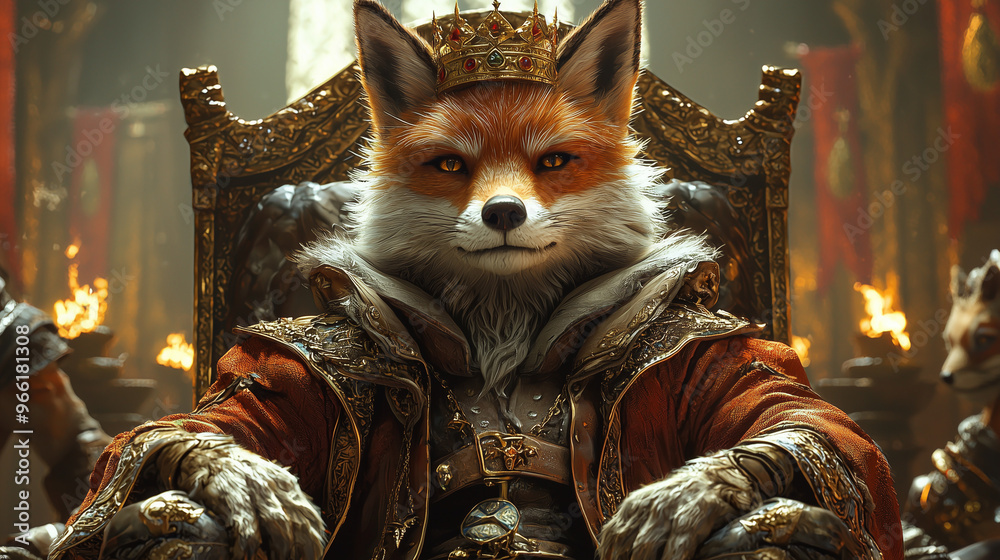 fox beastfolk ruler sitting on a throne in a dimly lit hall adorned ...