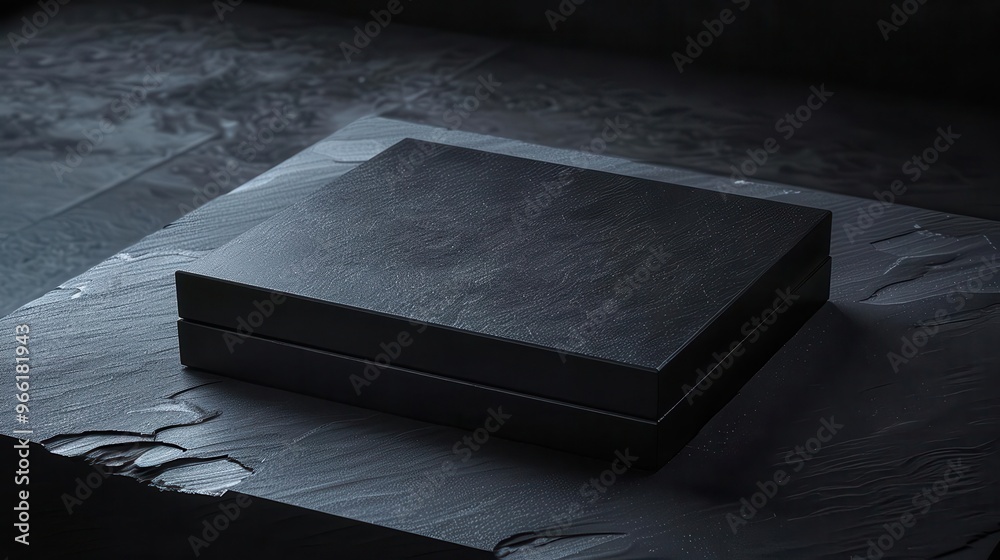 sleek obsidian gift box emerging from inky shadows subtle light play ...