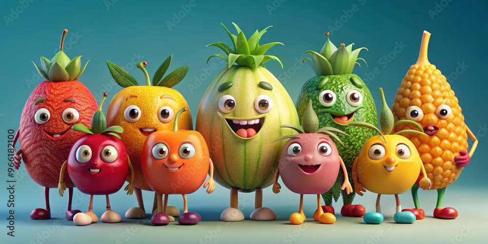 Fruit Friends A 3D Render of 8 Animated Fruits with Big Eyes, Cute ...