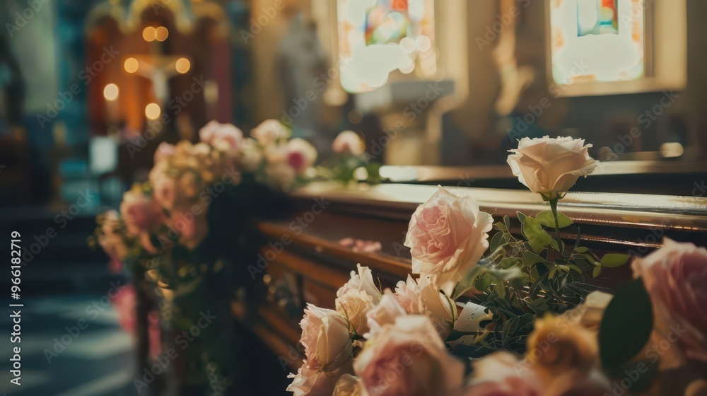 somber funeral scene floweradorned casket centerpiece muted colors ...