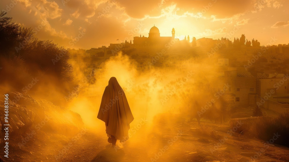 spiritual journey begins jesus walks dusty jerusalem path golden hour ...