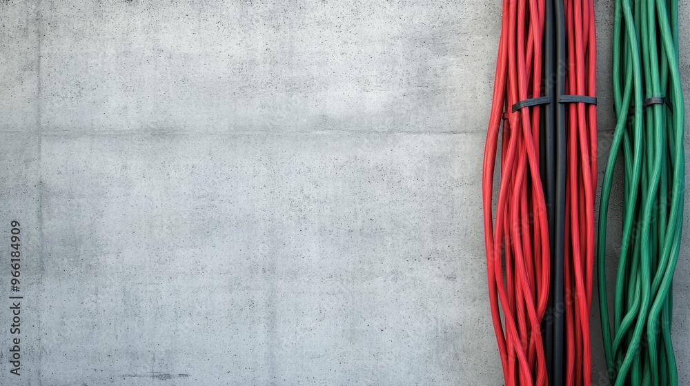 A close-up of red, black, and green cables running vertically along a ...