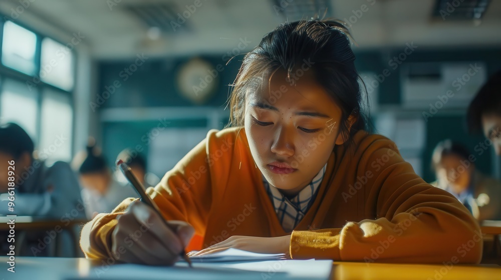 tense exam scene diverse students writing intensely classroom setting ...