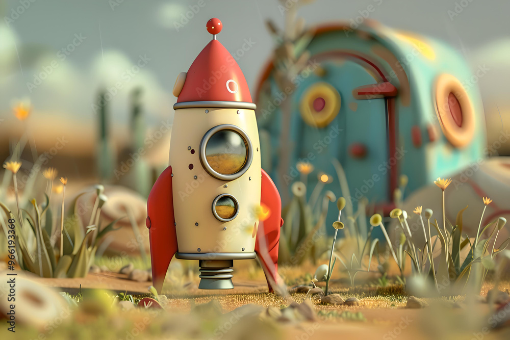 Red Toy Rocket in Colorful Flower Field A bright red toy rocket stands ...