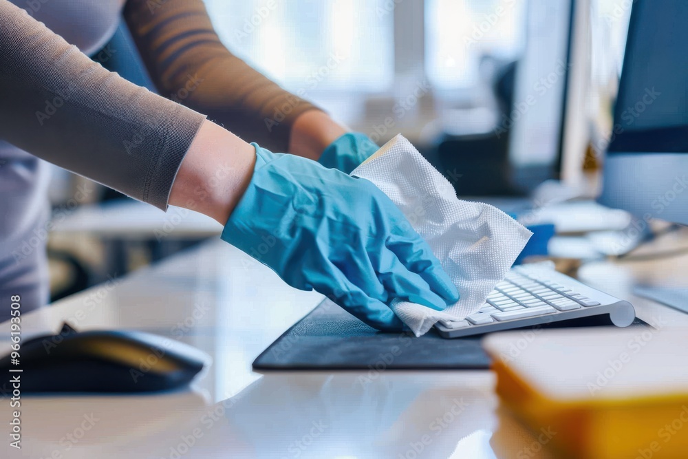 Woman cleaning computer desk in office Woman cleaning computer desk in ...