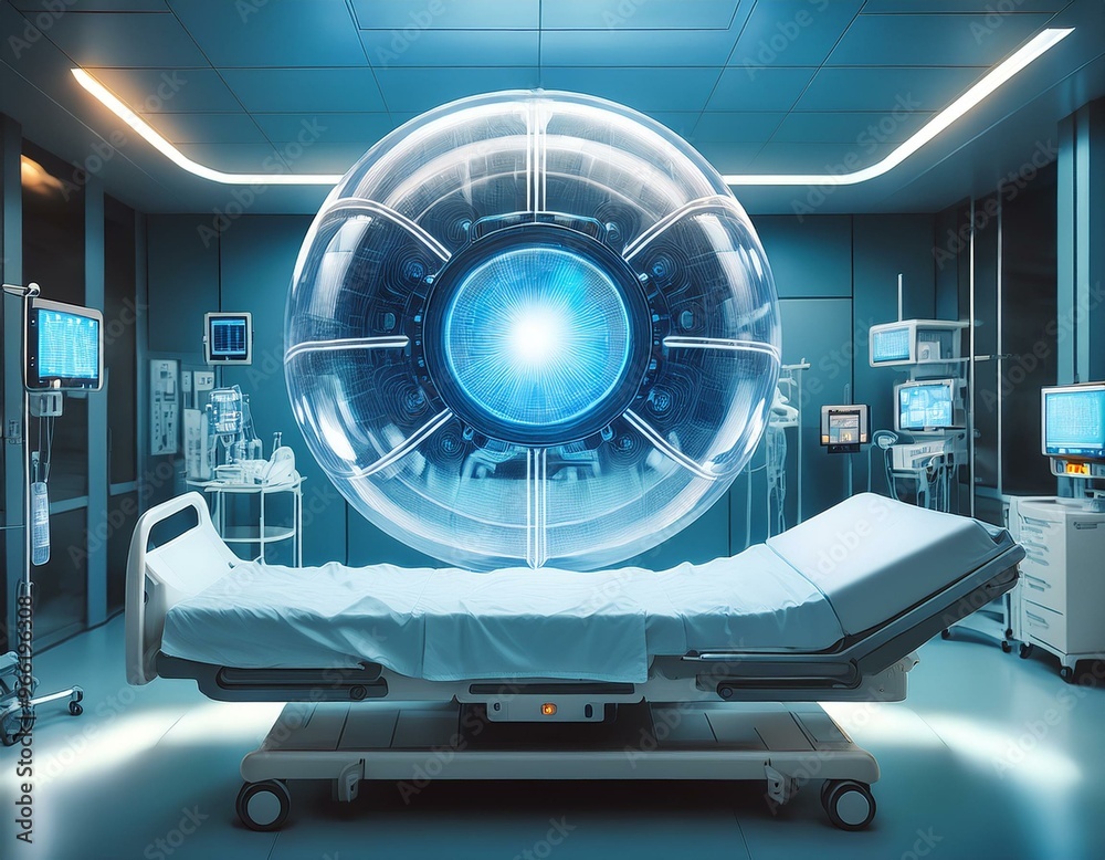 A futuristic medical device, resembling a large, glowing orb, sits on a ...