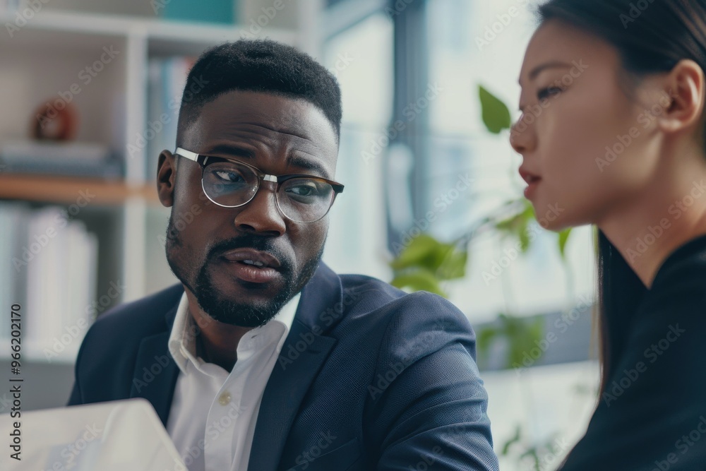 Two Colleagues Talking While Working Together In The Office A serious ...