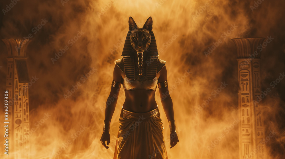 Egyptian cat goddess figure of Bastet. Golden light and smoke effects ...