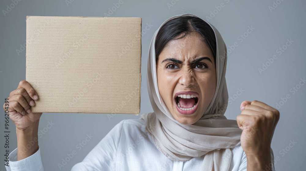 Arab Woman With Hijab Holding Up An Empty Cardboard Sign And Screaming ...