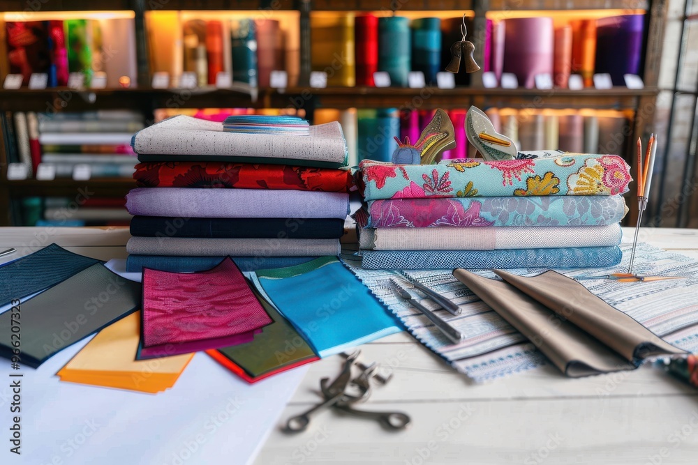 Fabric swatches and tailoring tools on the table of a textile shop ...