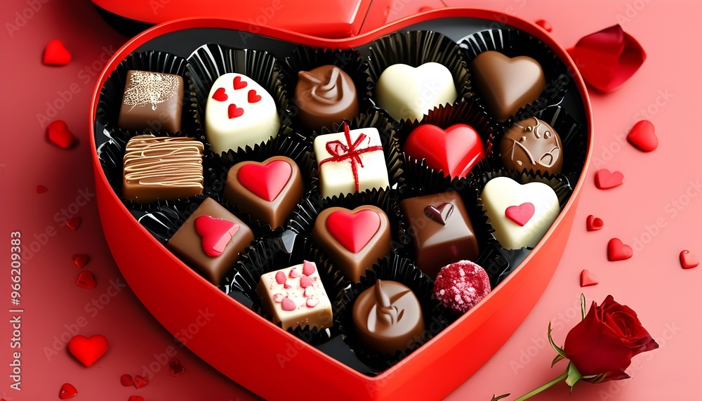 Elegant heart-shaped box filled with assorted chocolate hearts ...
