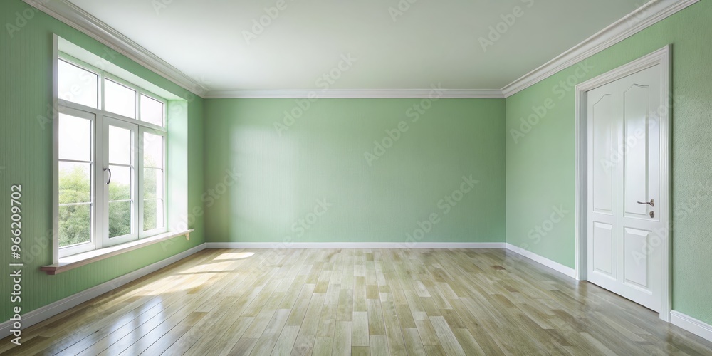 Empty Green Room with Wooden Floor and White Door, 3D rendering ...