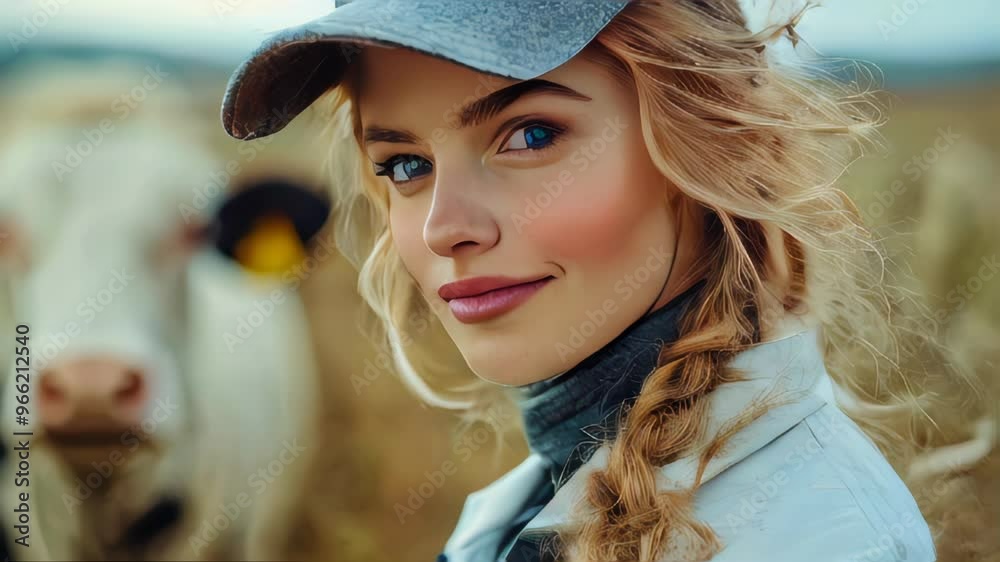 Young woman veterinarian closely interacting with a cow, showing the ...