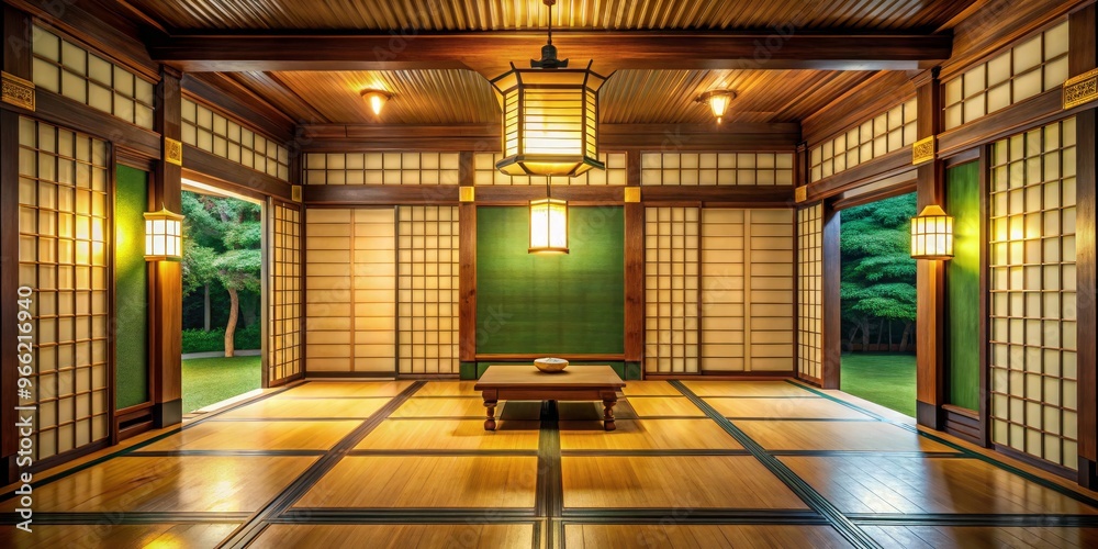 Tranquil Japanese Interior Wood Paneling, Shoji Screens, and a Low ...
