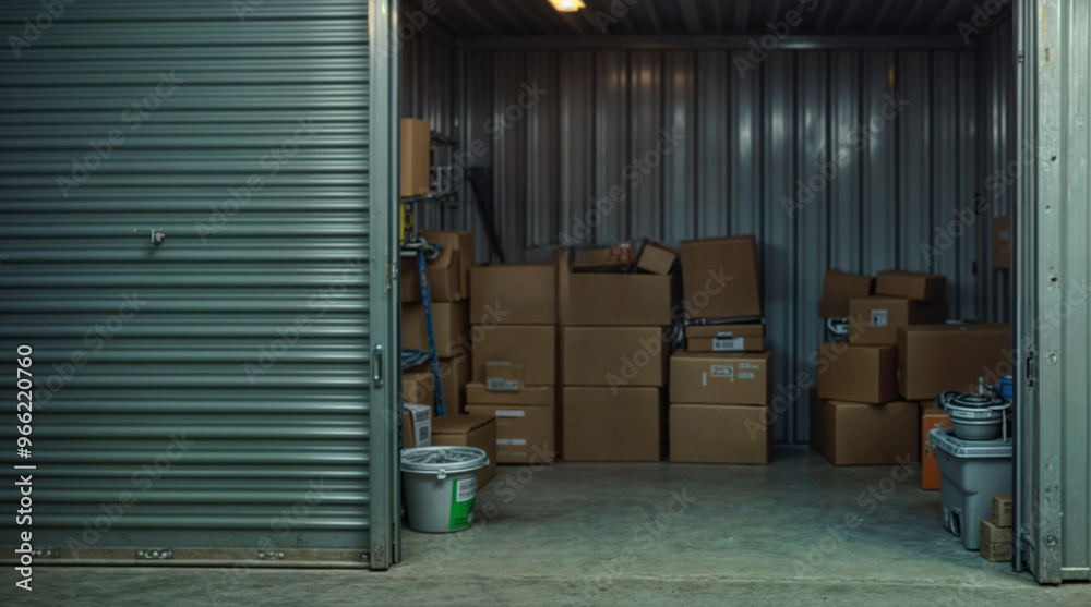Open storage unit filled with cardboard boxes and containers ...