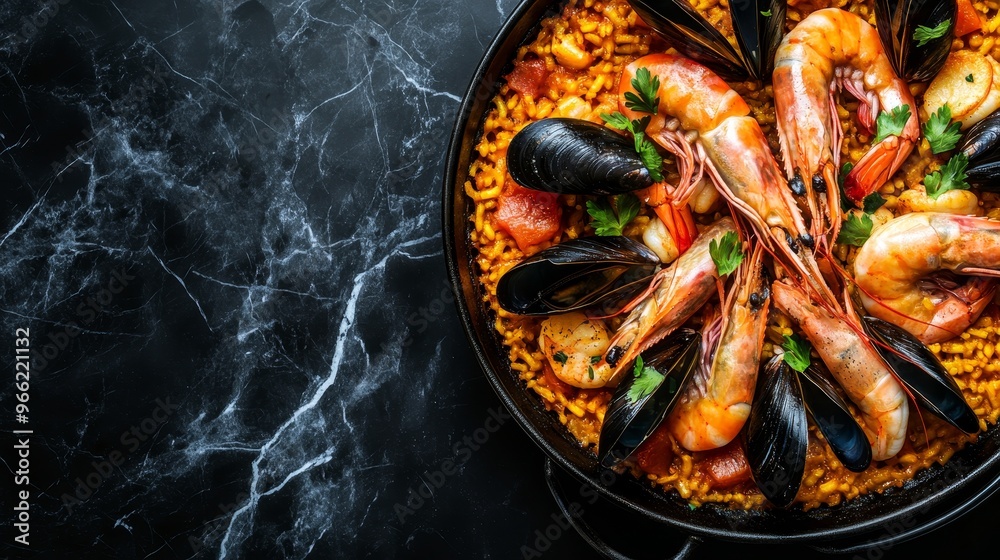 A close-up shot of a traditional Spanish paella dish, filled with ...