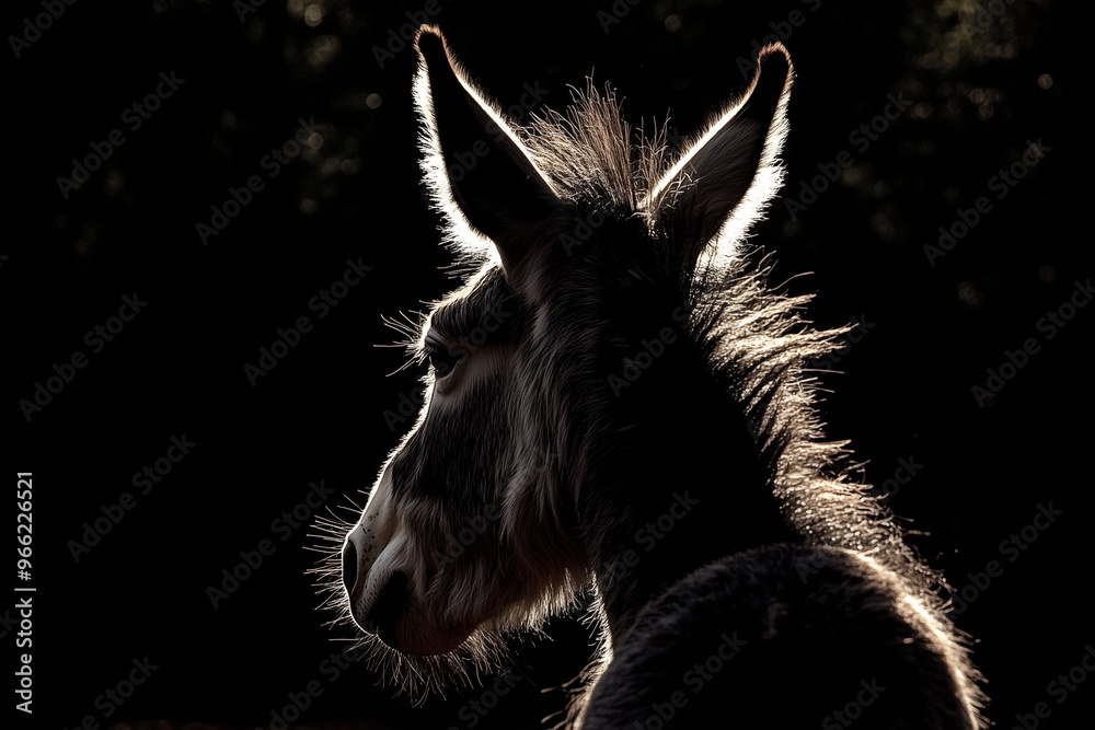 Donkey, isolated against a black background, intense downlighting adds ...