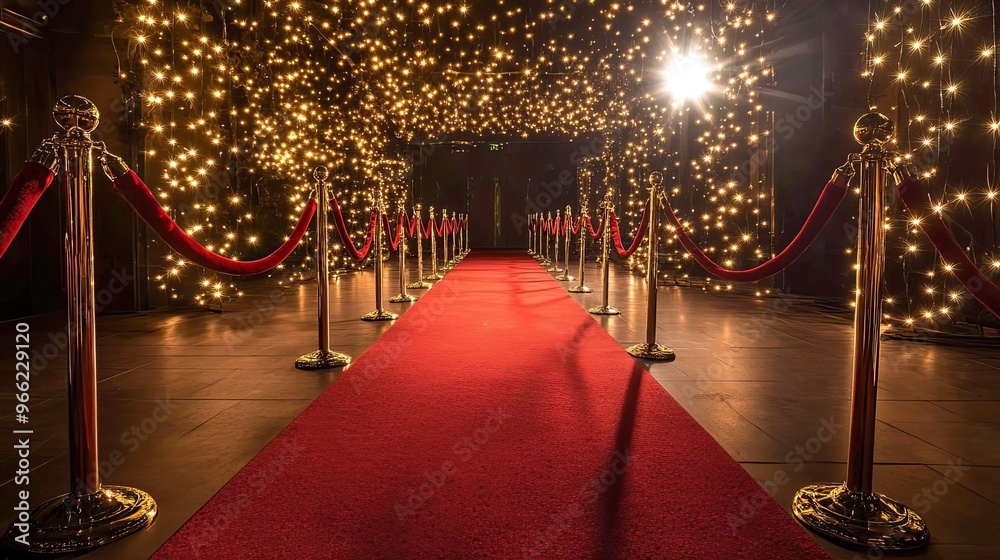 Red carpet stretching through golden stanchions and lights leading to ...