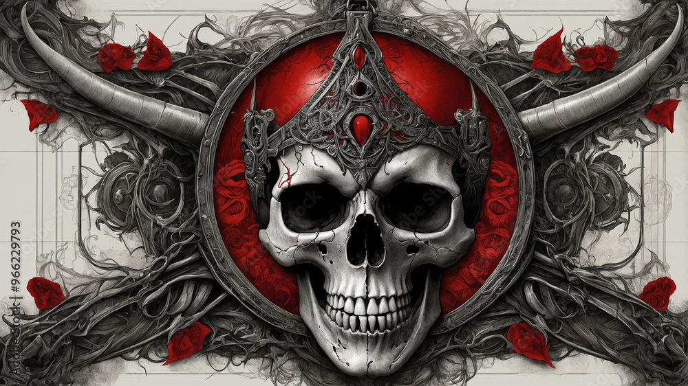 Ornate skulls, helmets, and red drapery with a cracked skull on top in ...