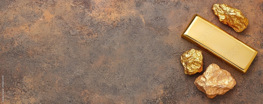 Polished gold bar beside a raw gold nugget on a textured rock ...