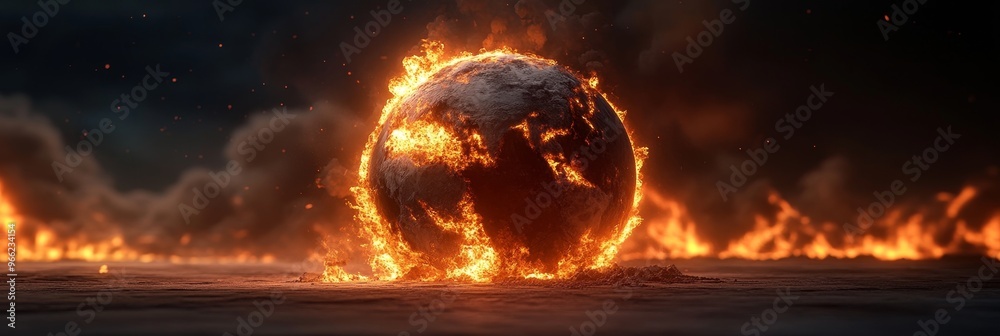 A fiery globe engulfed in flames symbolizes the consequences of climate ...