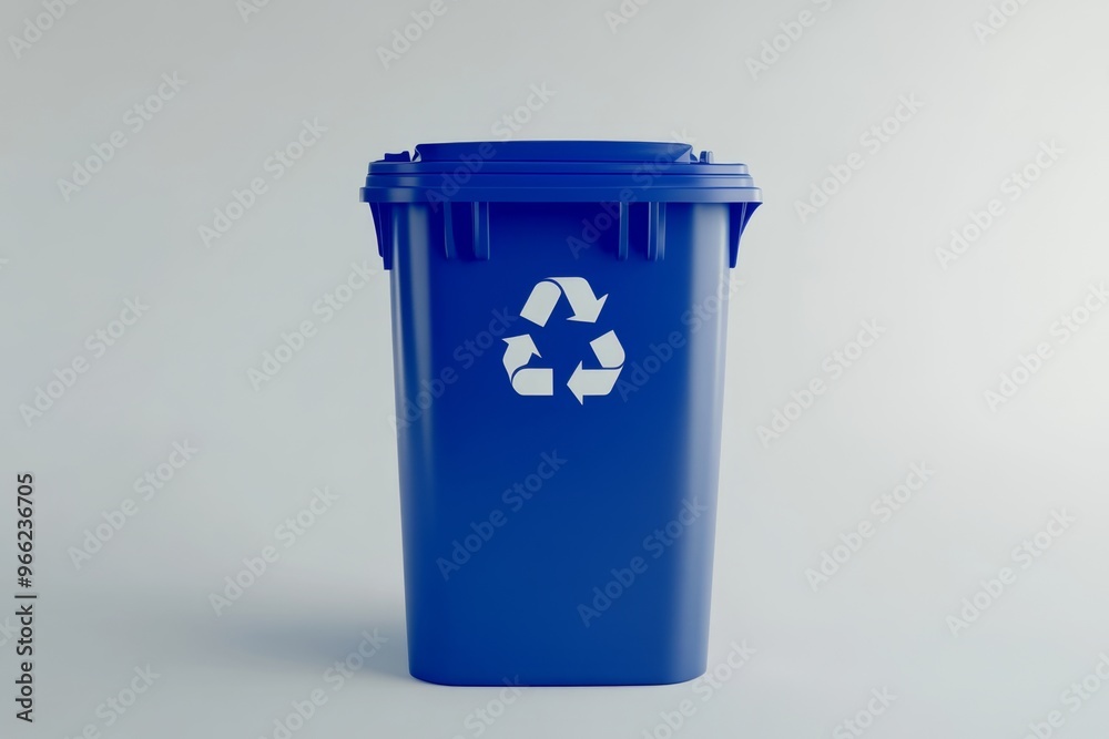 Eco-friendly blue recycling bin with bold sign on a white background ...