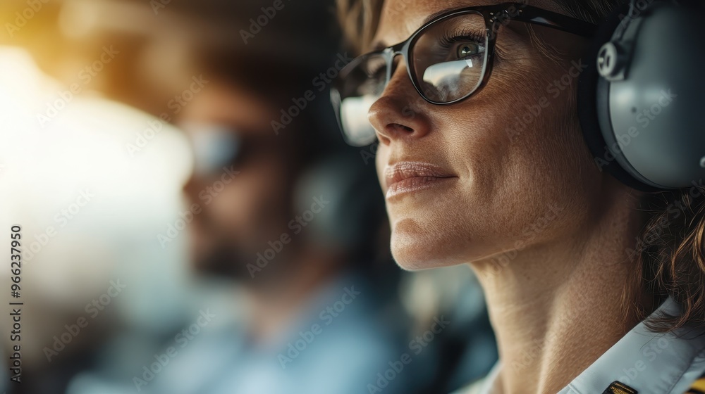 A pilot is seen wearing headphones inside the cockpit of an airplane ...