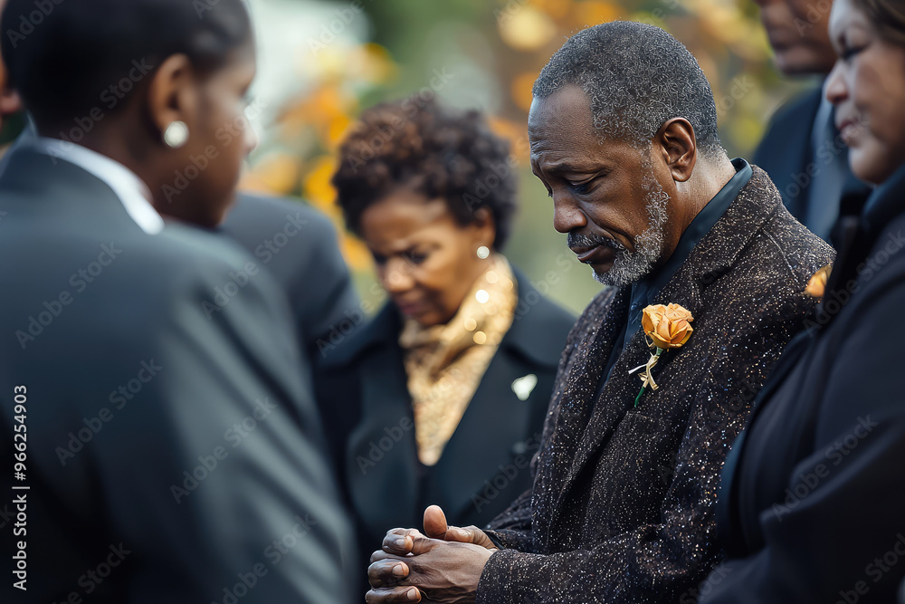 A pastor praying with family during solemn moment after funeral service ...