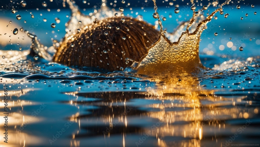 A visually striking image capturing the moment a coconut hits the water ...