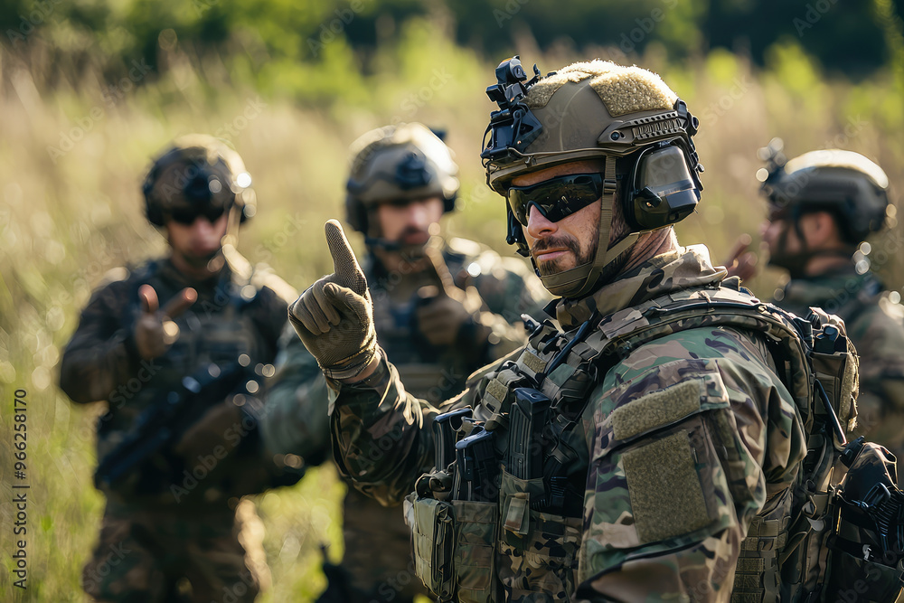 Special Forces operator communicating with teammates in tactical gear ...