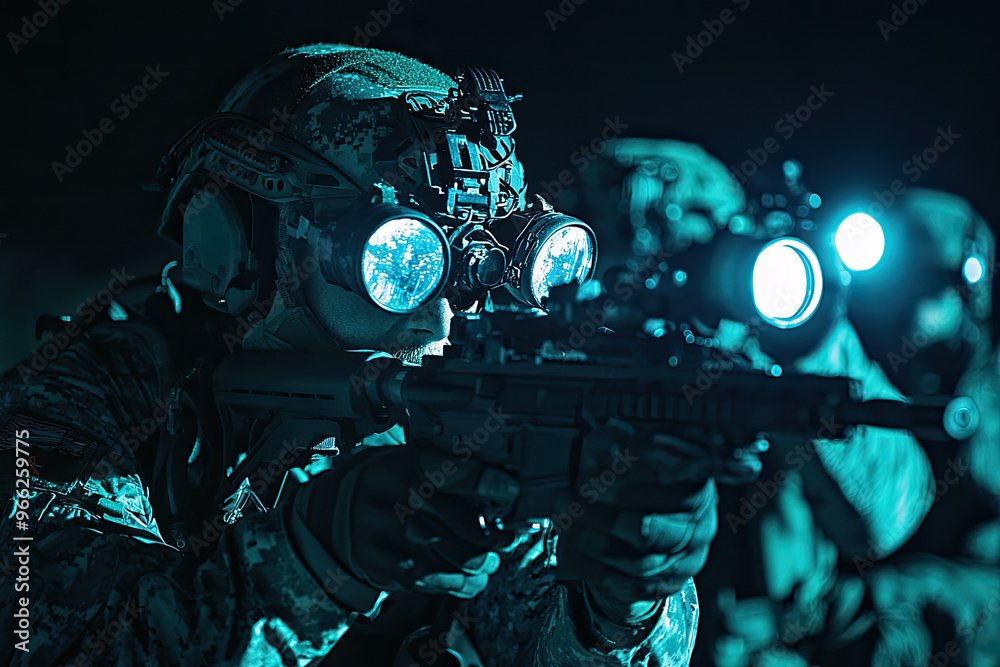 Special Forces team conducting night operation with tactical gear and ...