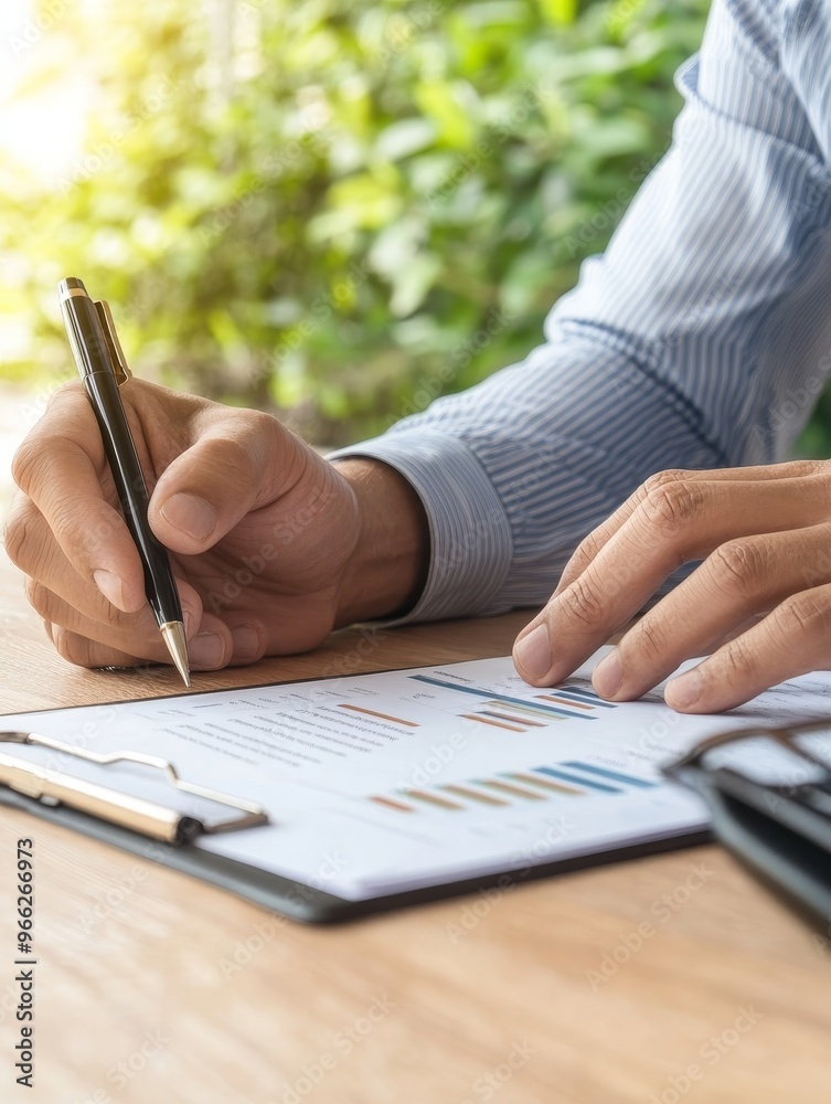 An entrepreneur carefully analyzes a business plan, using a pen to ...