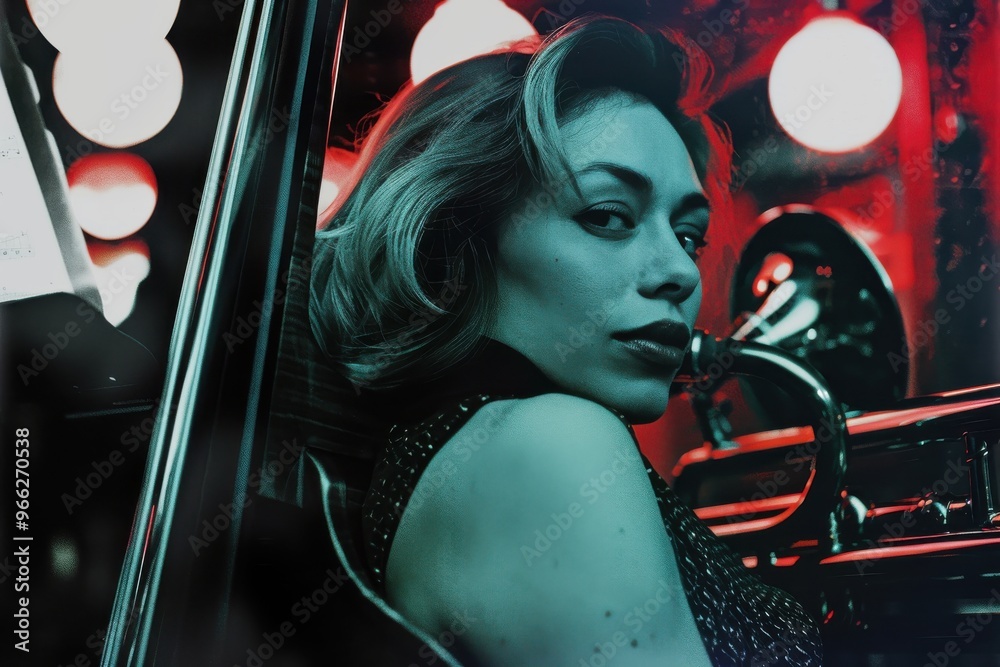 Cool Jazz! Portrait of the female jazz musician. She looks over her ...