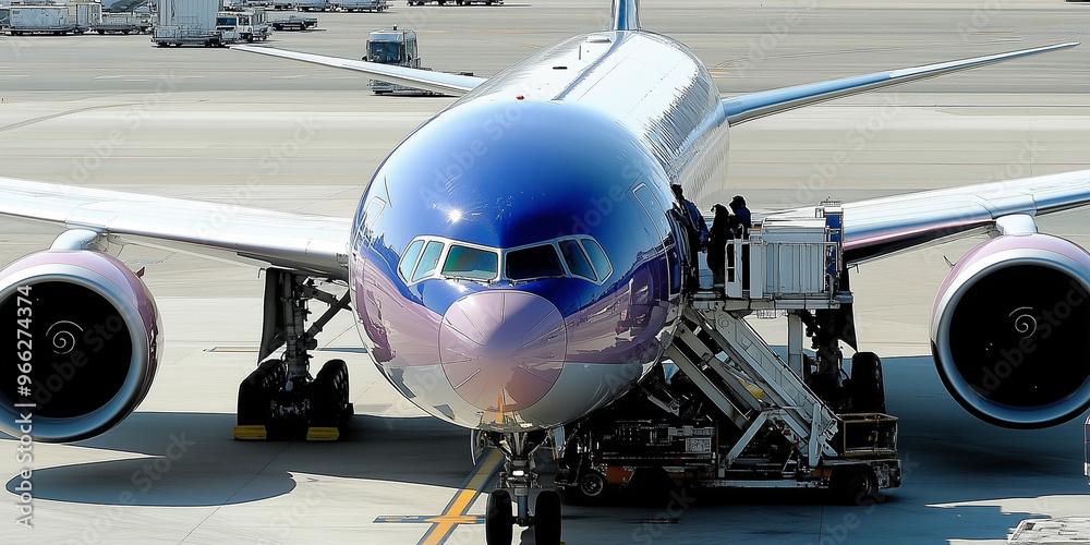 Airline crew unloading cargo from an airplane, workers in orange safety ...