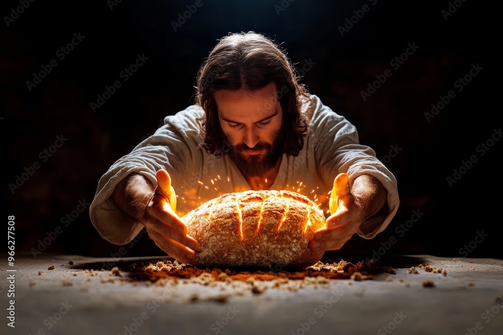 Jesus blessing a loaf of bread, breaking it and giving thanks during the Last Supper ...