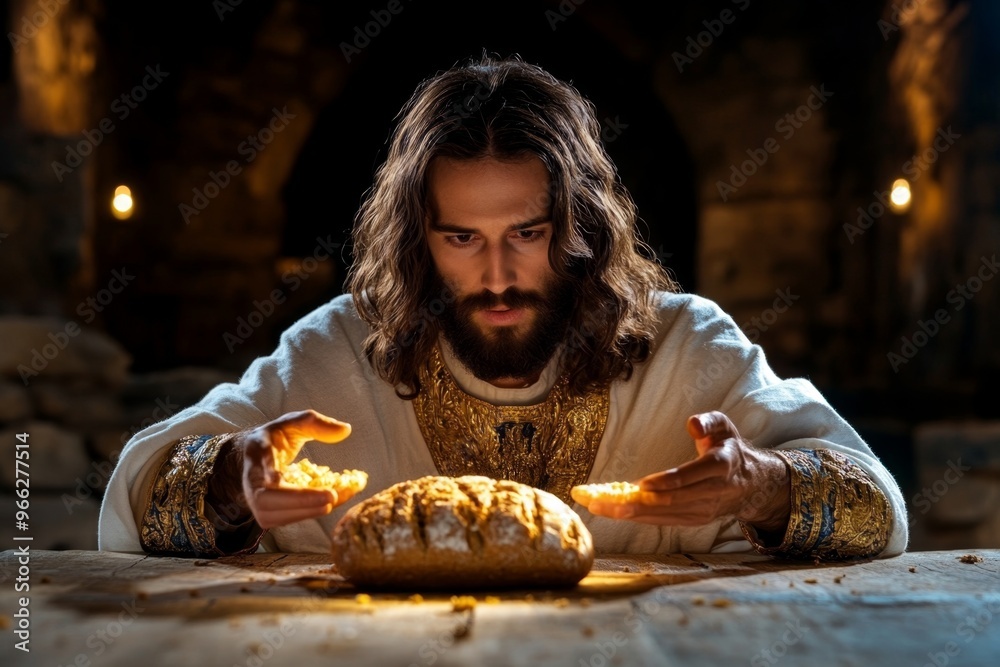 Jesus blessing a loaf of bread, breaking it and giving thanks during ...