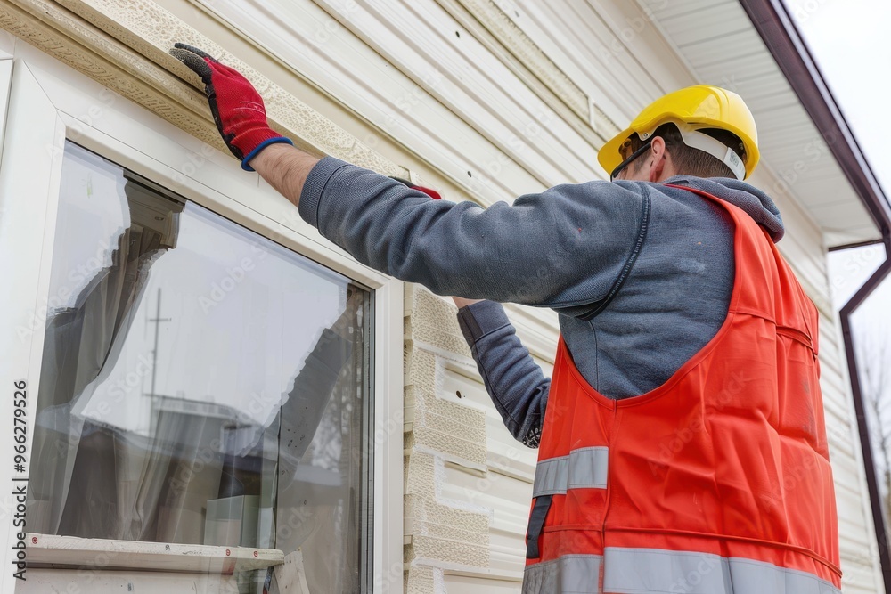 A worker installs panels beige siding on the facade of the house A ...