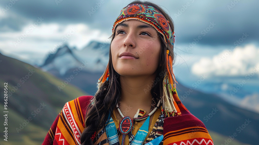 Indigenous woman in cultural attire, standing outdoors with mountains ...