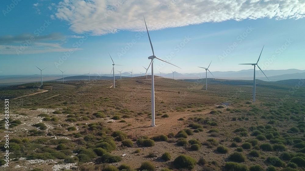 Renewable energy wind farm with turbines spinning, surrounded by clean ...
