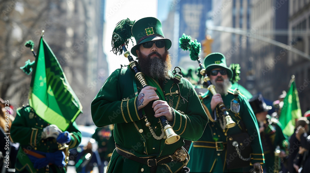 St. Patrick’s Day parade with participants dressed in green, playing ...