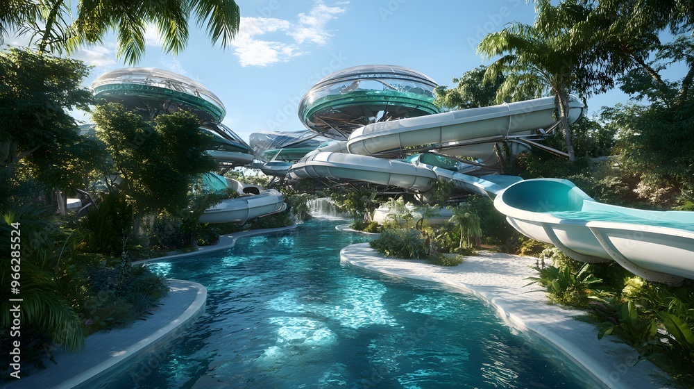 15. A high-tech water park with futuristic slides, lazy rivers, and ...