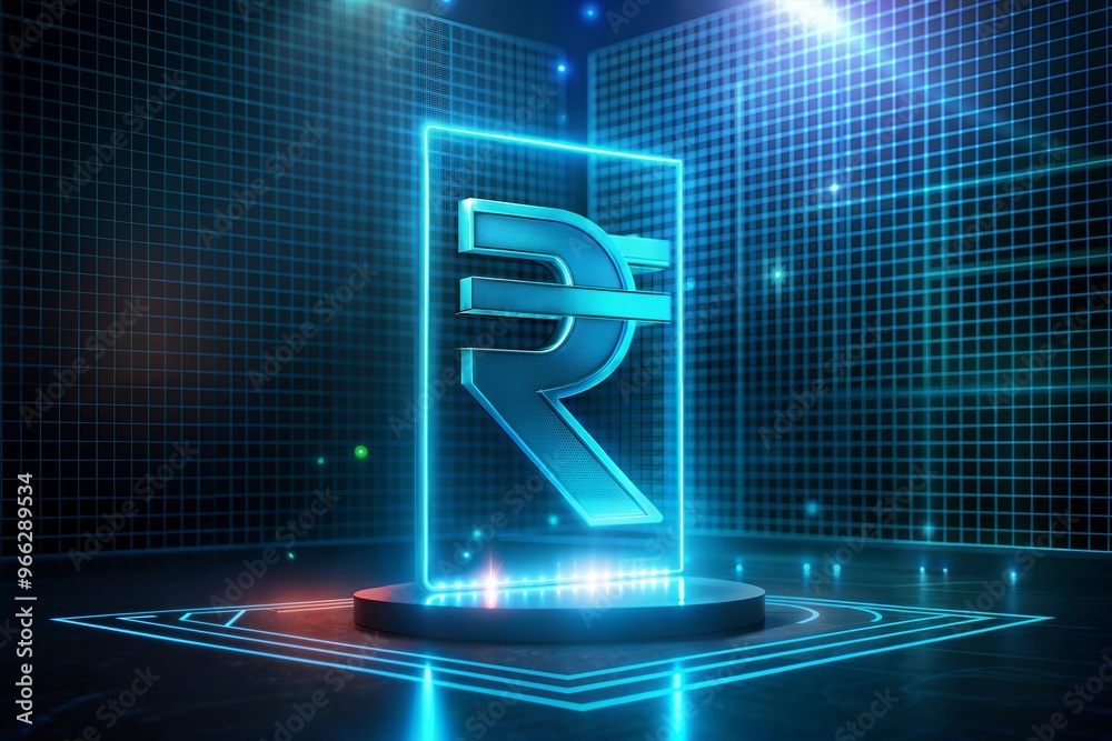 Foto de 3D Glowing Currency Symbol of Indian Rupees, Futuristic Digital ...