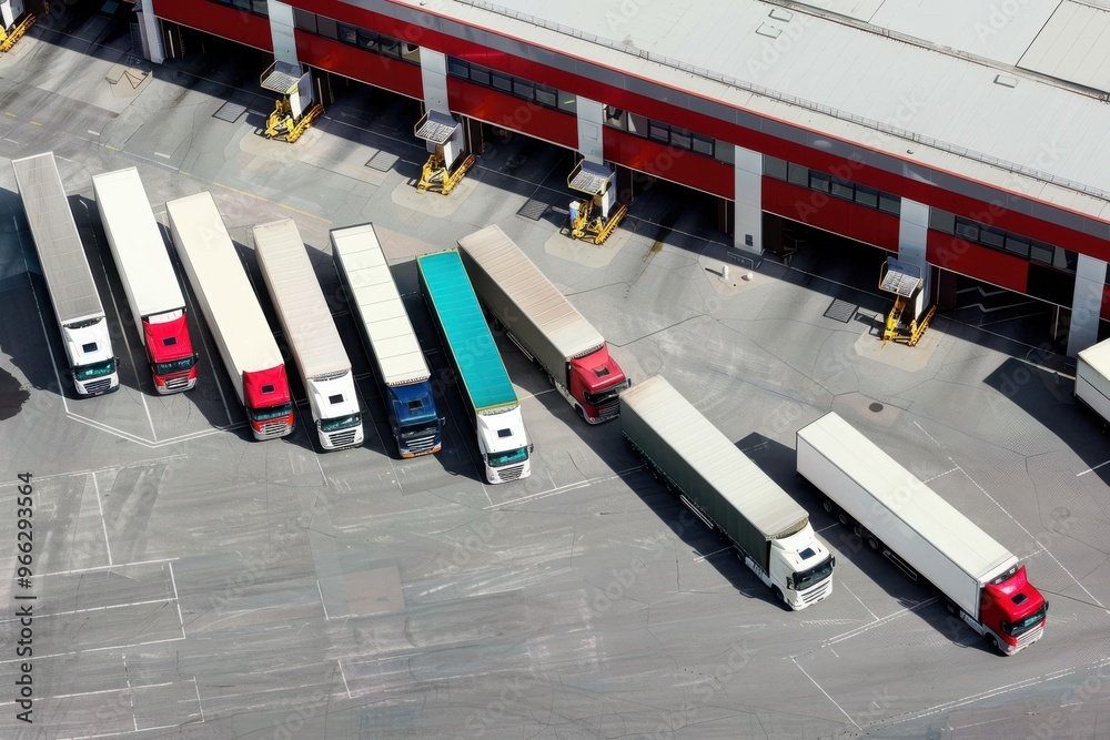 Trucks at the loading bay of a warehouse View from above of a ...