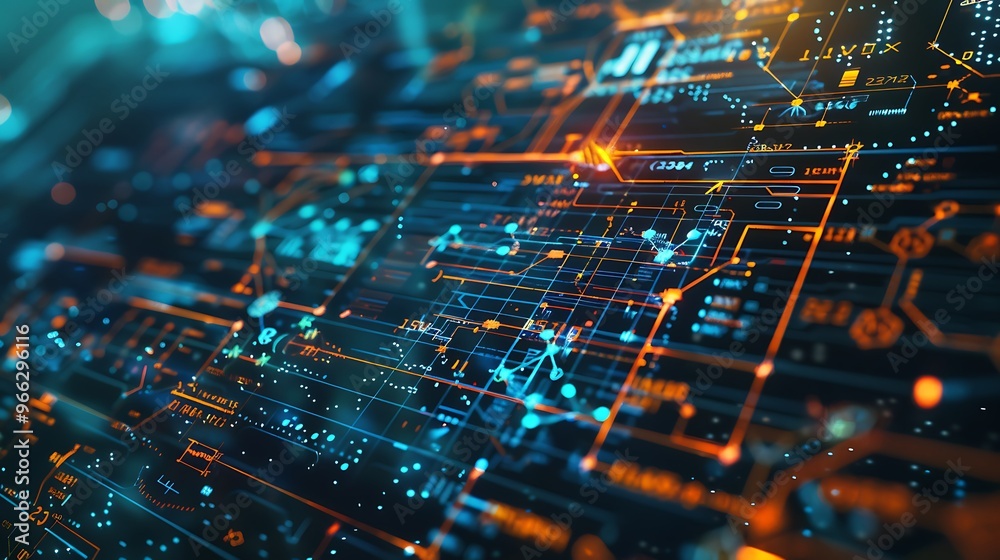 High-resolution science formula on transparent computer screen, close ...