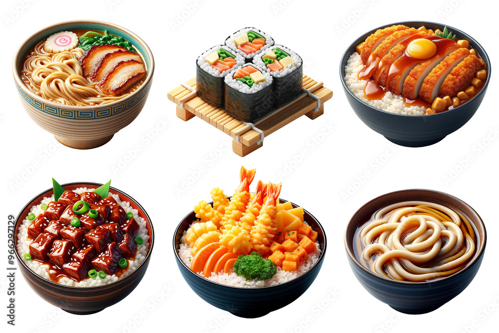 3d japanese food icons set. 3d japanese food vector. (Tonkotsu Ramen ...