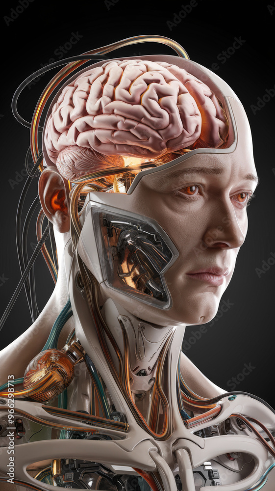 Futuristic and detailed representation of a human cyborg with exposed ...