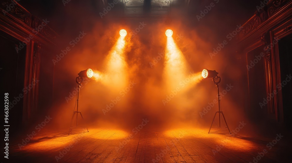 Photo & Art Print dramatic theater stage with three vintage spotlights ...