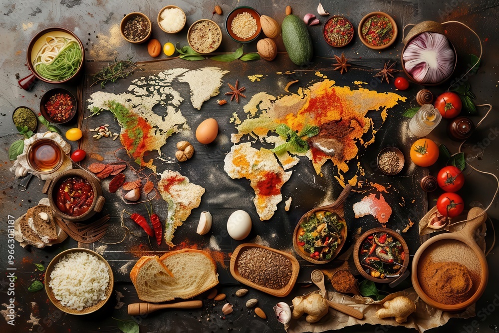 vibrant world map composed of diverse national dishes showcasing the ...