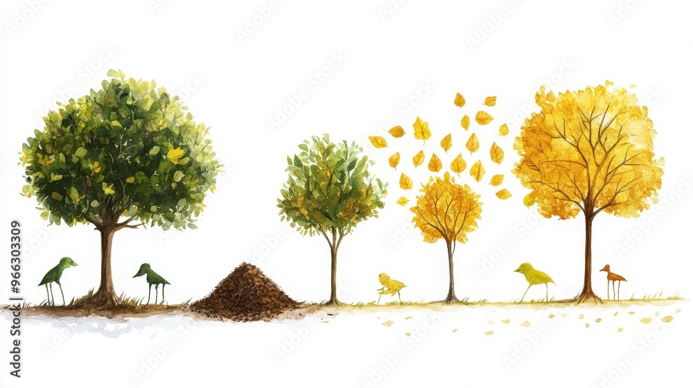 A watercolor illustration depicting the stages of a tree's life, from a ...