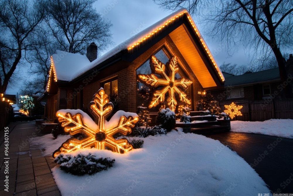 Christmas lights shaped like snowflakes, hanging from the eaves of a ...